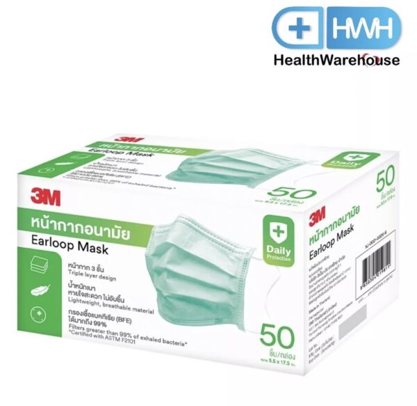 หน้ากากอนามัย 3M Earloop Mask 50 ชิ้น กระดาษปิดจมูก หนา 3 ชั้น สีเขียว ...
